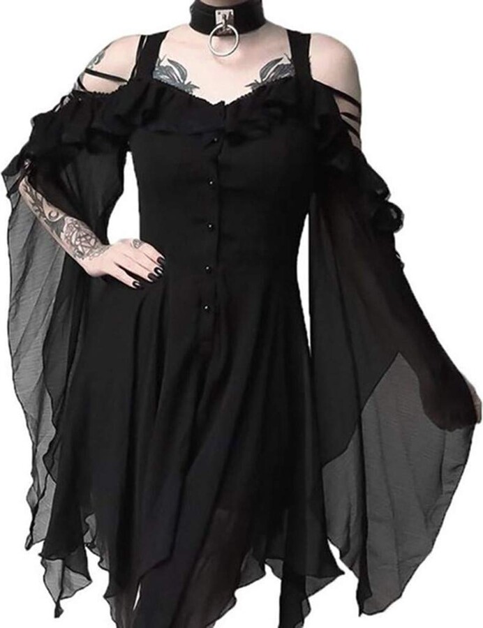 COOFANIN Gothic Dress Xs Black Witchy Summer Dress Black Long Sleeve ...