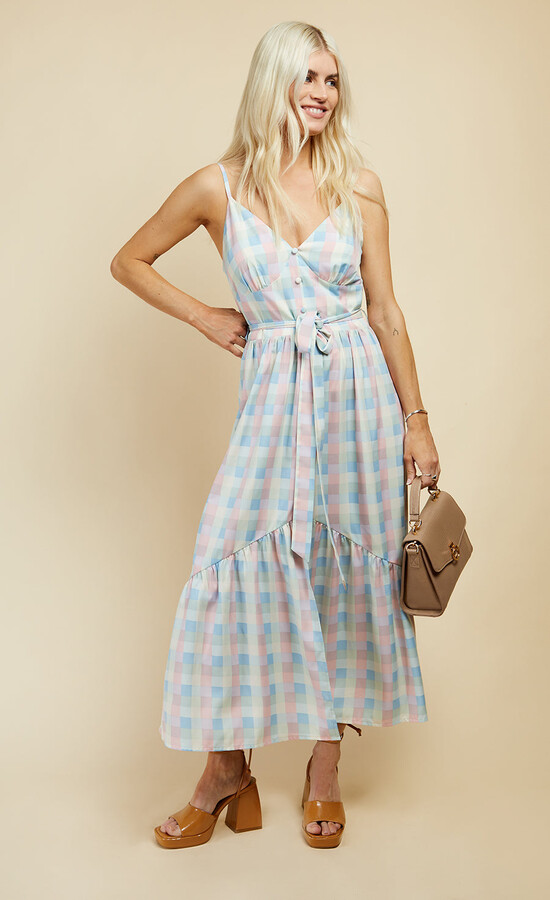 Little Mistress Pastel Check Button Detail Midi Dress - ShopStyle