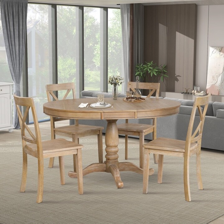 Tiramisubest 5 Piece Wood Round Dining Table Set with Extendable Table ...