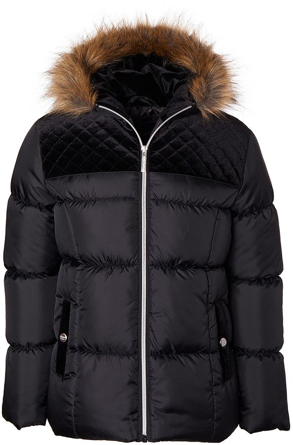 Limited Too Girls' Puffer Coats BLACK - Black Faux Fur Velvet-Yoke ...