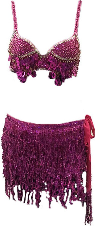 Qtinghua Women's Sexy Sequin Tassel Mini Skirt Set Belly Dance Hip Skirt with Bra Top Hip Scarf ...