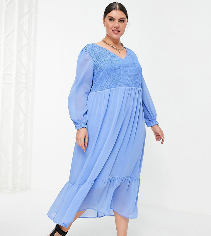 New Look Plus New Look Curve v neck shirred midi dress in blue - ShopStyle