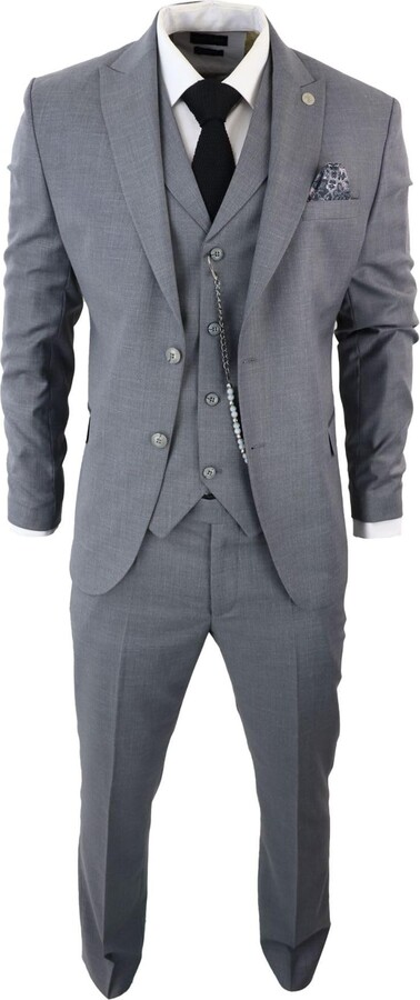 TruClothing Mens Classic 3 Piece Suit Grey Pocket Chain Wedding ...