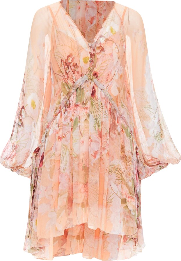 Zimmermann Dancer Blush Garden Floral Print Ruched Puff Sleeves Dress ...
