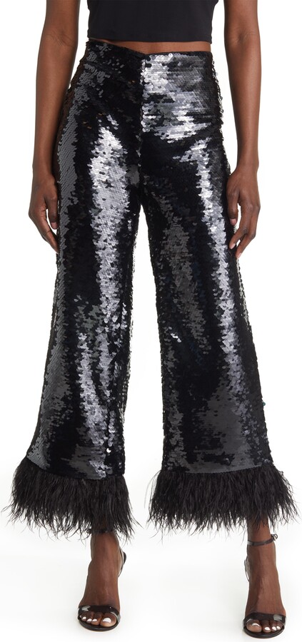 Alexis Hana Wide Leg Sequin Feather Trim Pants - ShopStyle