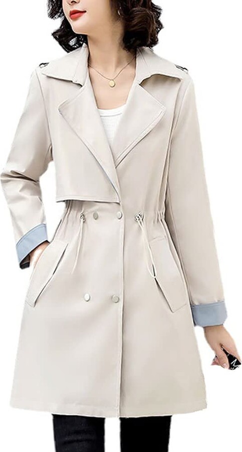 E-Girl Women Beige Spring Trench Coat Plain Double Breasted Coats Lapel ...