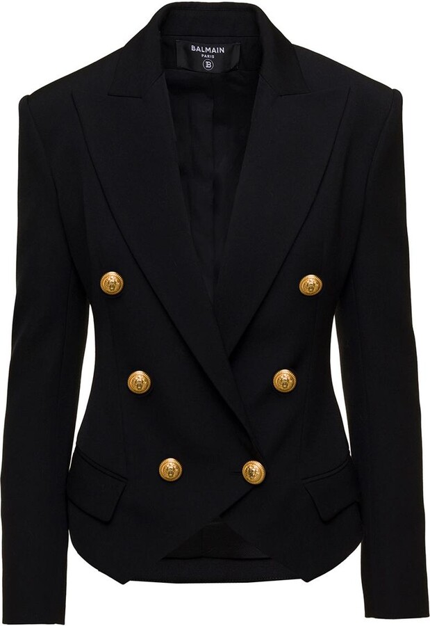 Balmain Black Double-Breasted Jacket with Jewel Buttons in Wool Woman ...