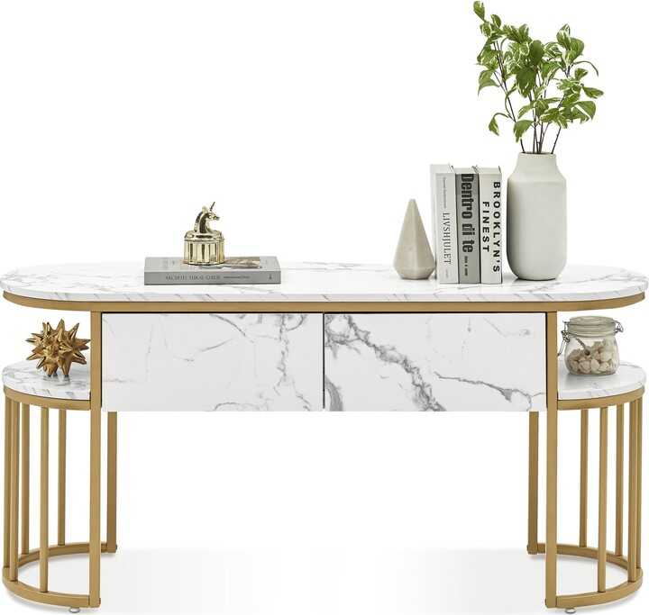 Ivinta White Sofa Table, Modern Faux Marble Top Console Table with Gold ...