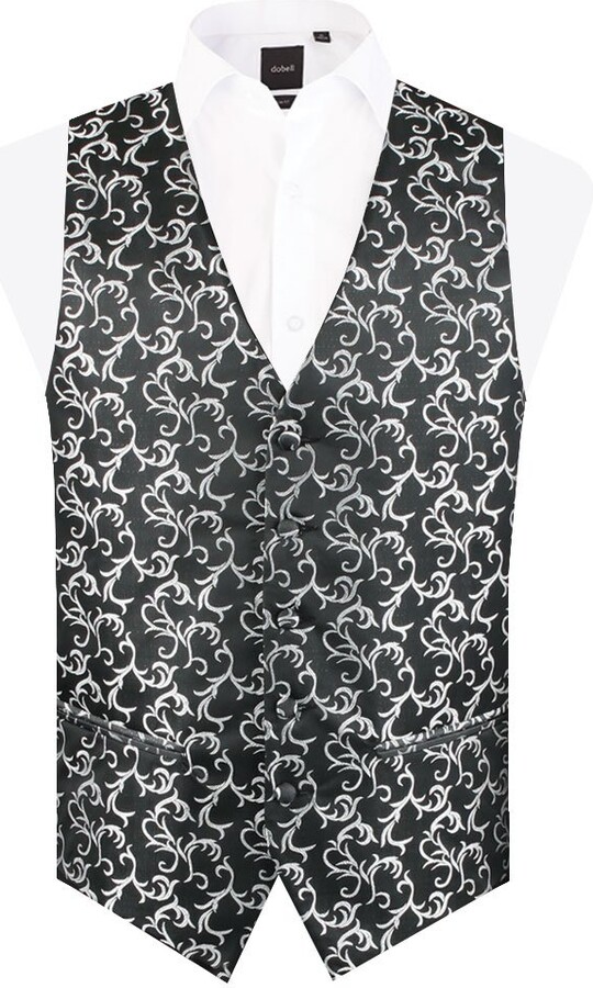 Dobell Mens Black/Silver Waistcoat Regular Fit 5 Button Edwardian Swirl ...