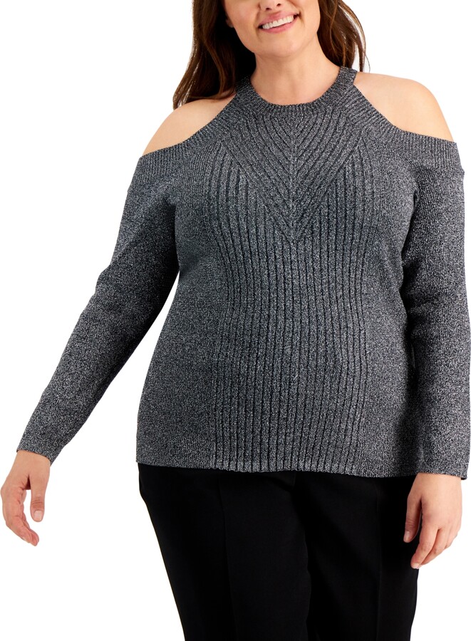 INC International Concepts Plus Size Shine Cold-Shoulder Sweater ...