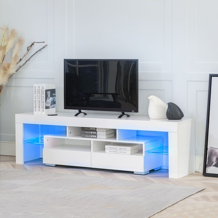 GEROJO White Modern TV Stand with LED Lights, Glass Shelves and ...