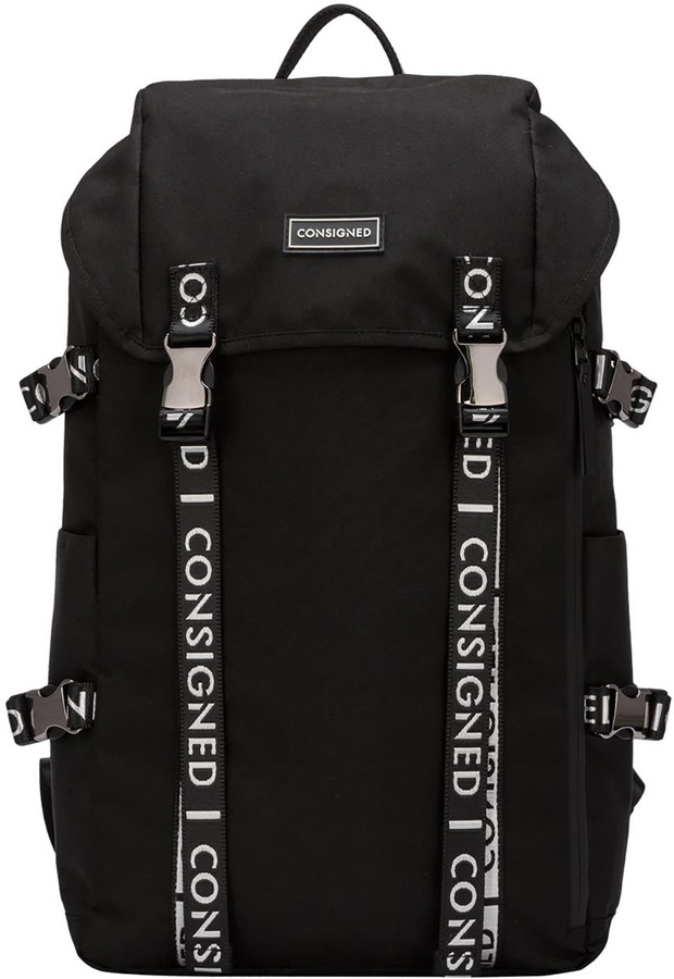 Consigned Torrett Twin Pocketed Flapover Backpack Black-White - ShopStyle