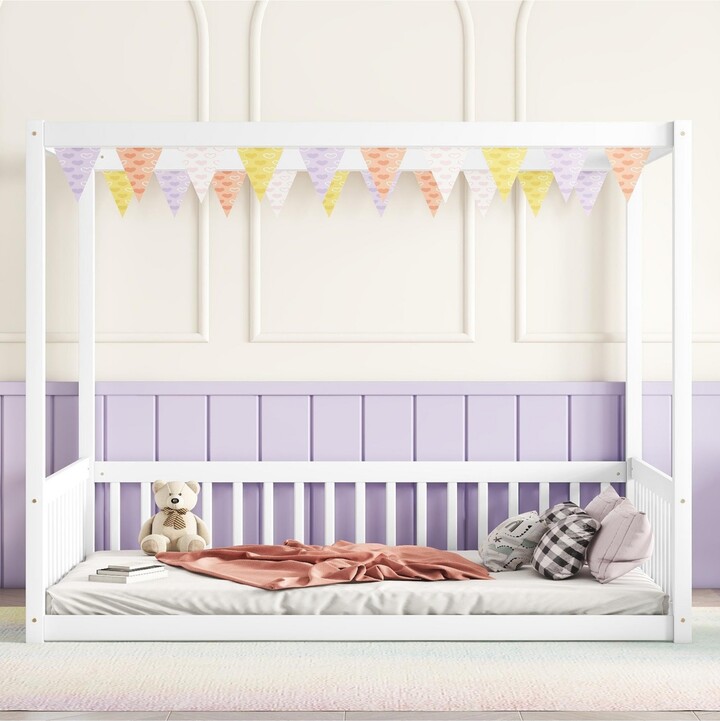 Simplie Fun Full Size Canopy Frame Floor Bed with Fence, Guardrails ...