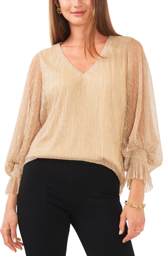 MSK Metallic V-Neck Smocked-Cuff Top - ShopStyle