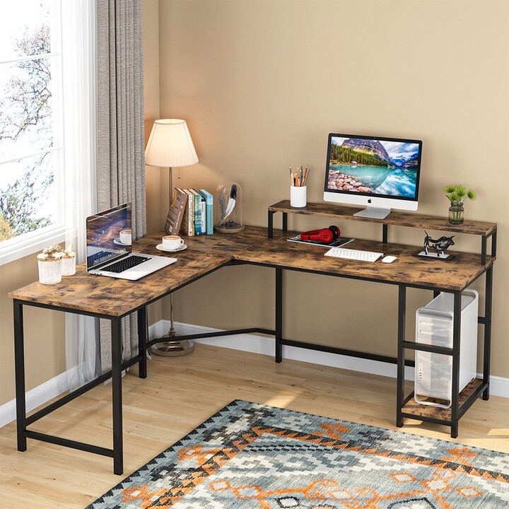 Farfarview Large L-Shaped Computer Desk with Monitor Stand, Writing ...