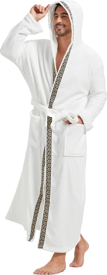 FashGudim Men's Hooded Plush Robe with Black Trim Full Length Plush ...