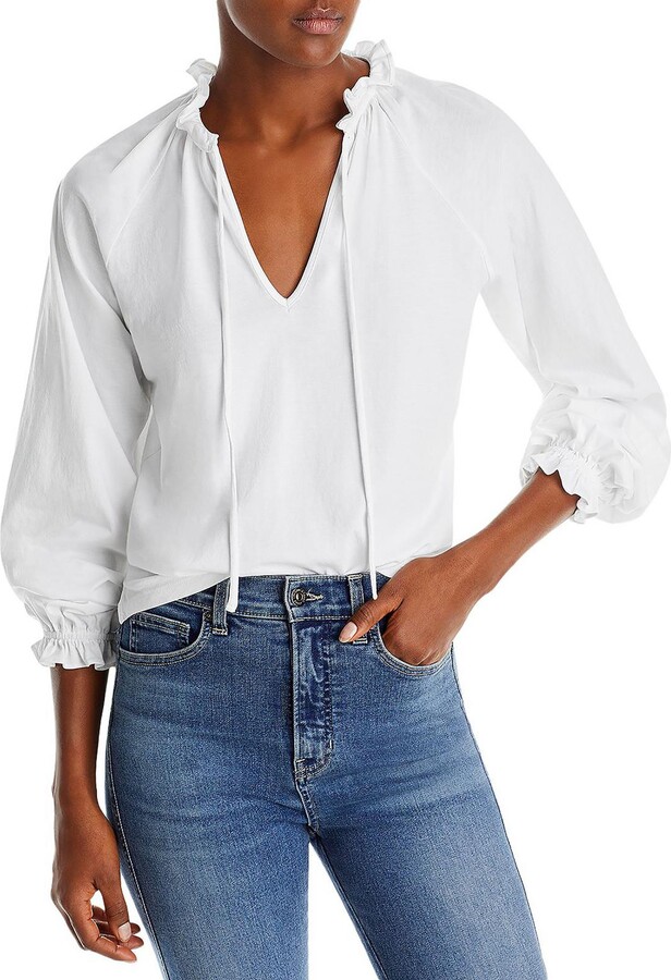 Veronica Beard Inslee Top Womens Pima Cotton Tie Neck Peasant Top ...