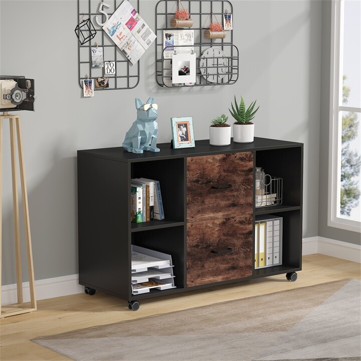 Tribesigns Wood File Cabinet with 2 Drawers and 4 Open Shelves Office ...