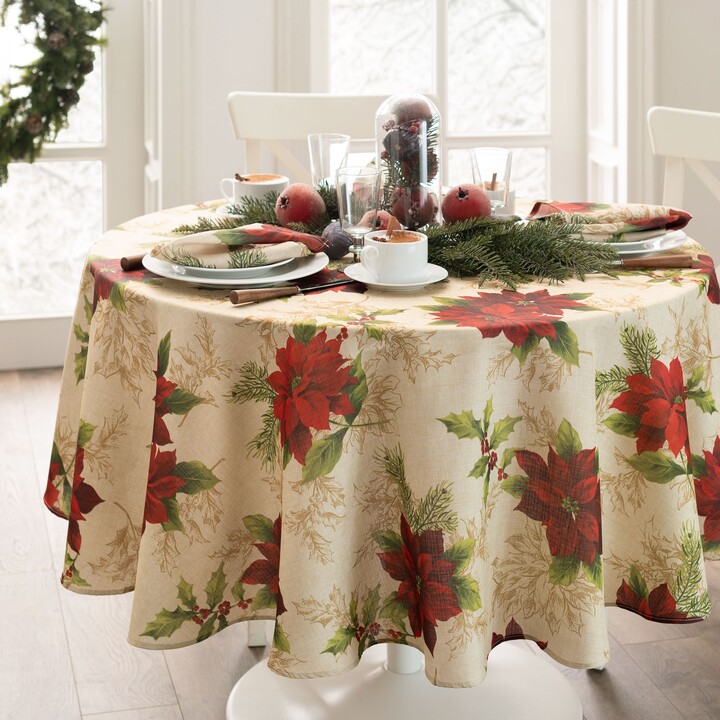 Festive Poinsettia Holiday Fabric Tablecloth, 70" Round - ShopStyle