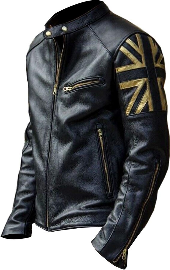 e Genius Men's Brando Union Jack British Flag Biker Black Leather ...