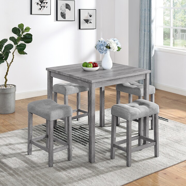 LELATTRADE 5 Piece Dining Table Set with 4 Bar Stool, Kitchen Wood Pub ...