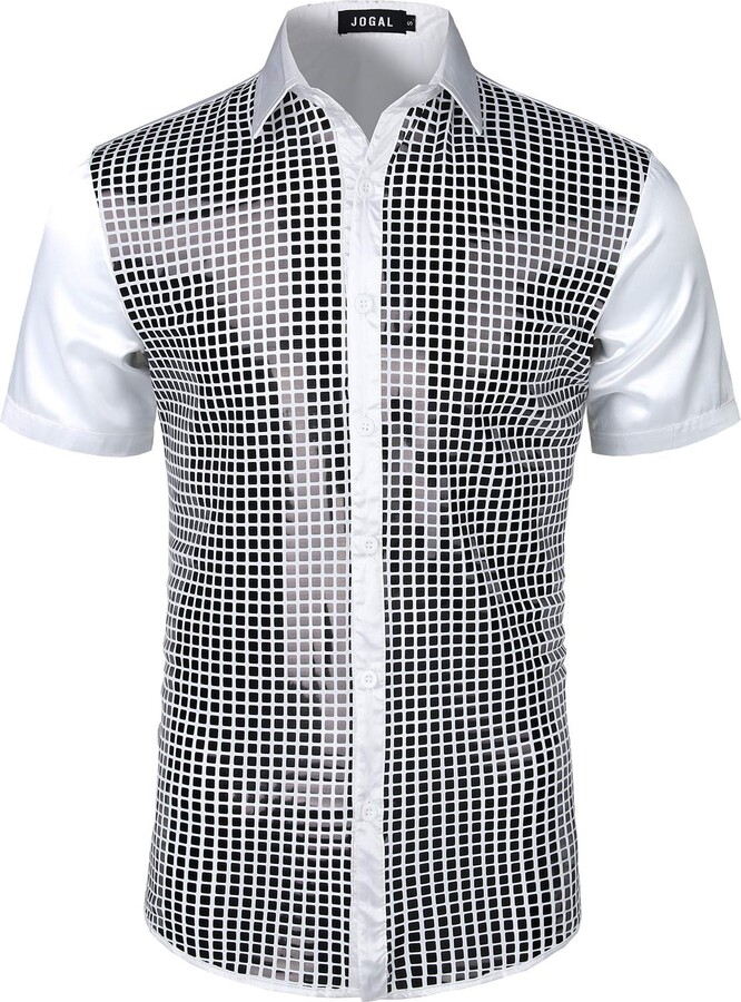 JOGAL Mens Dress Shirt Silver Sequins Short Sleeve Button Down 70s Disco Shirt Party Costume XX ...