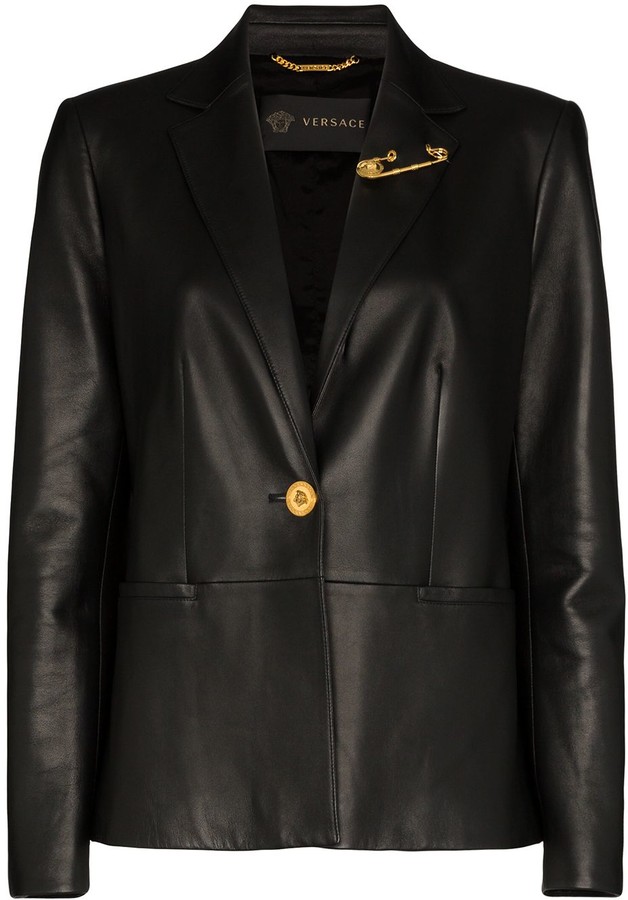 Versace Safety Pin-Embellished Leather Blazer - ShopStyle