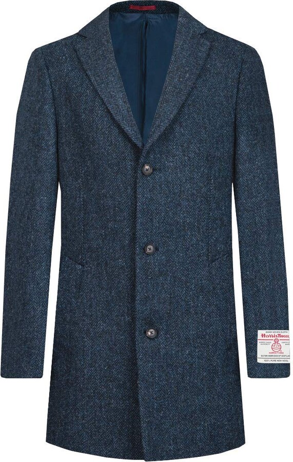 Dobell Harris Tweed Mens Blue Overcoat Regular Fit 100% Wool ...