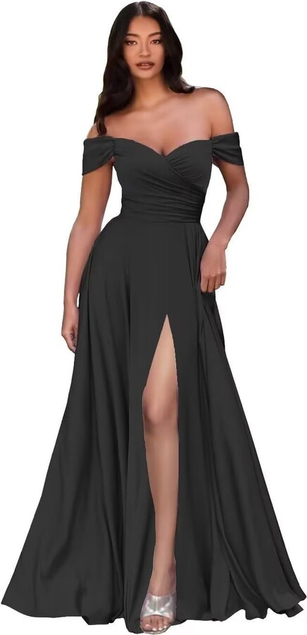 HYEC7 Off Shoulder Silk Satin Prom Dresses Long Elegant Evening Dresses with Slit Mermaid ...