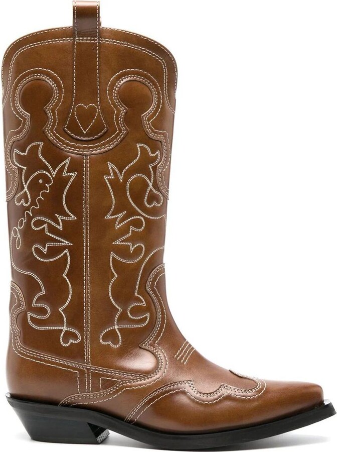 Ganni Mid Shaft Embroidered Western Boot Shoes - ShopStyle