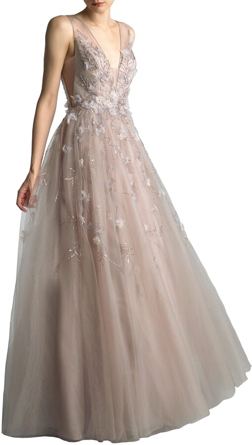 Basix II Beaded V-Neck Sleeveless A-Line Gown with 3D Floral Applique ...