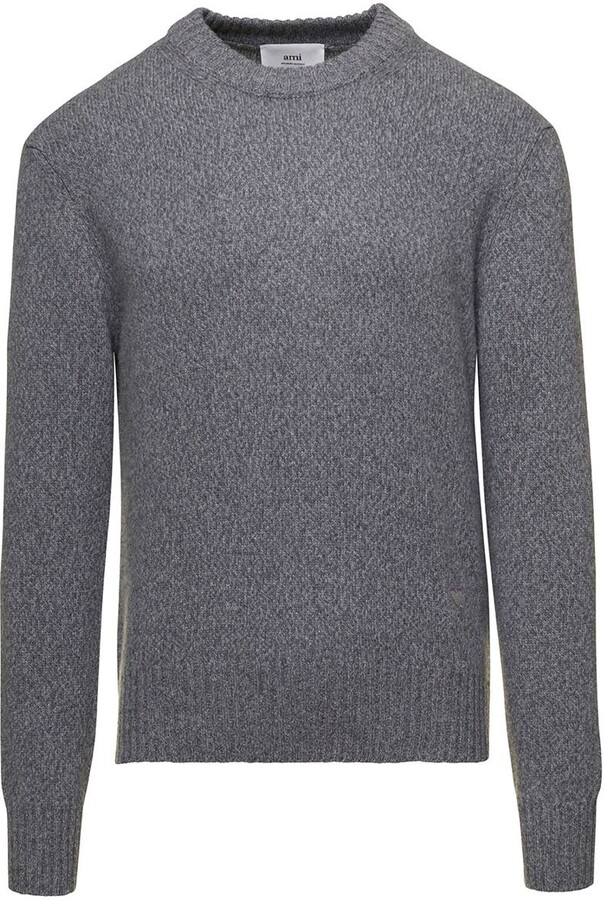 AMI Paris Grey Crewneck Sweater with Tonal ADC Embroidery in Cashmere ...
