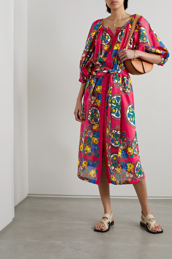 Cara Cara Simone Belted Floral-print Cotton-voile Midi Dress - Red ...
