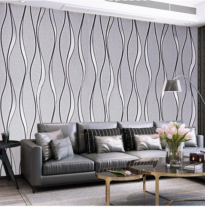 Living and Home 9.5M x 53Cm Geometric Wavy Striped Fabric Wallpaper ...