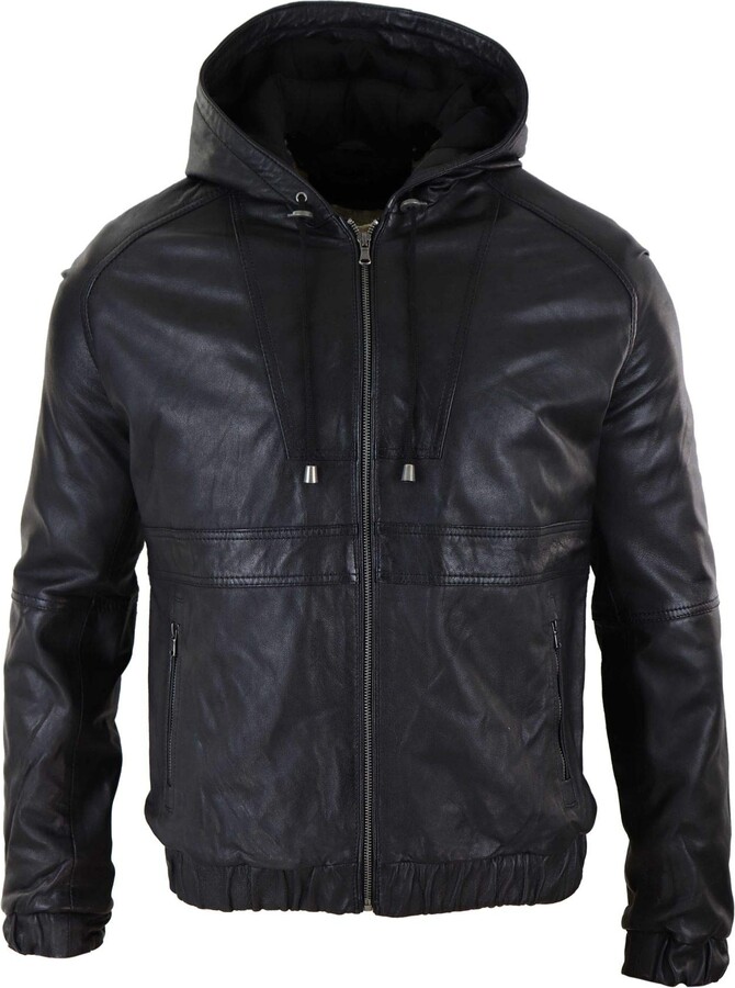 Infinity Leather Mens Real Leather Hood Bomber Jacket Tan Brown Black ...