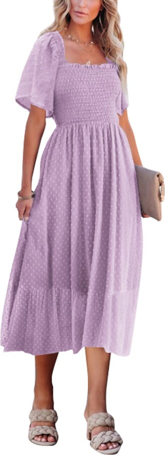 Zwurew Women's Square Neck Flutter Short Sleeve Smocked Midi Dress Swiss Dot Ruffle Flowy Tiered ...