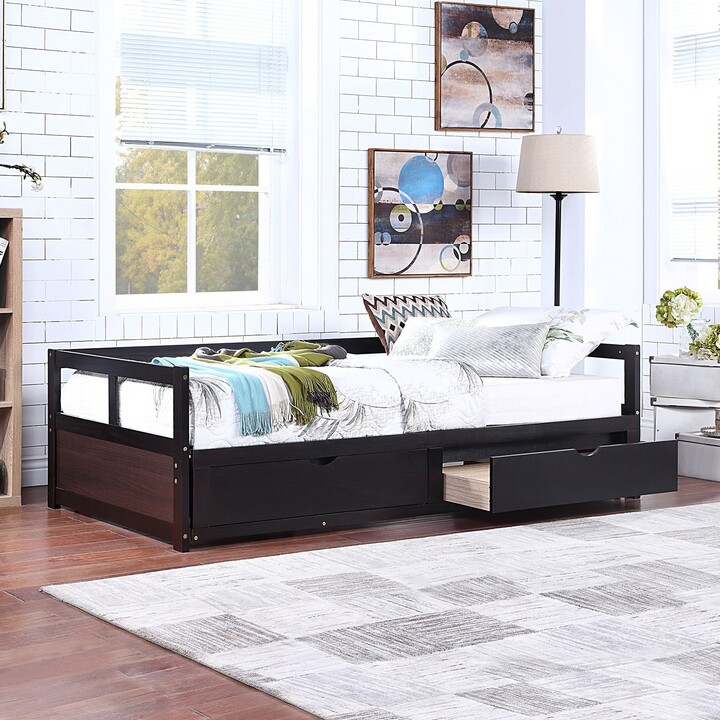 Wooden Daybed with Trundle Bed and Two Storage Drawers , Extendable Bed ...