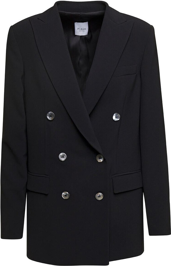 PLAIN Black Double-Breasted Jacket with Peaked Revers and Tonal Buttons ...