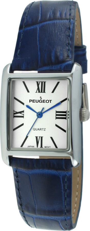 Pp Peugeot Peugeot Women's Silver-Tone Tank Shape Leather Dress Watch ...