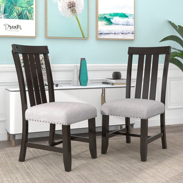 Aoolive Set of 2 Classic Upholstered Dining Chairs with Nailheads Decoration and Solid Wood Legs ...