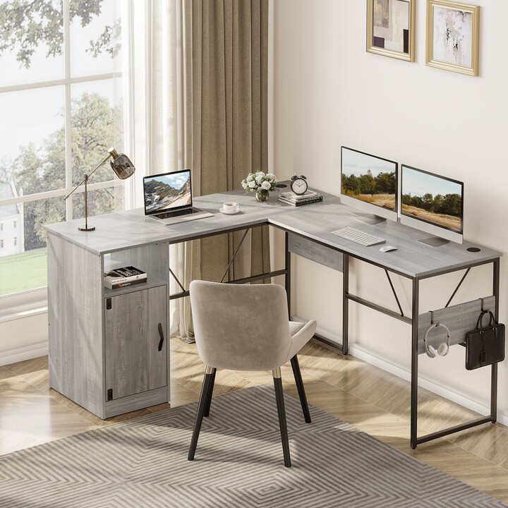 Bestier 60 Inch L Shaped Desk with Storage Cabinet Home Office Desk ...