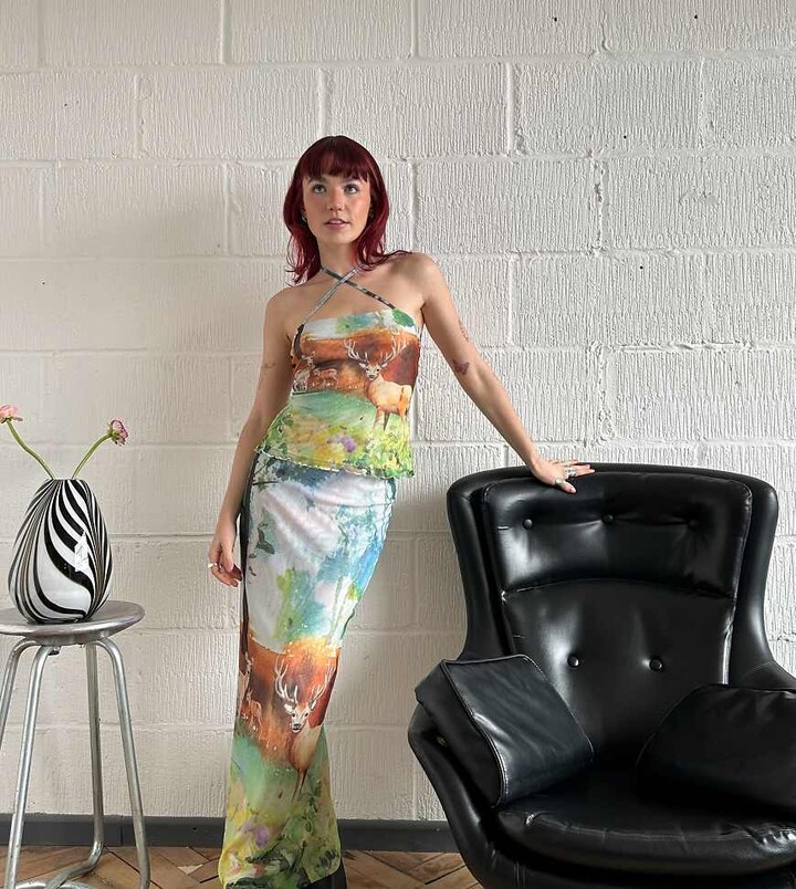 Labelrail x Lara Adkins woodland print mesh midi tube skirt in multi ...