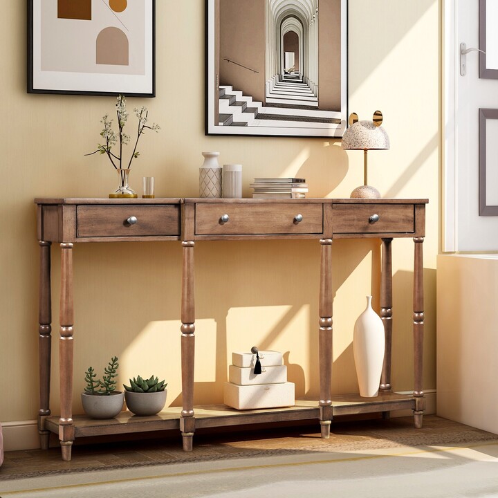 Solid Wood Console Table, Classic Entryway Table with Storage Shelf and ...