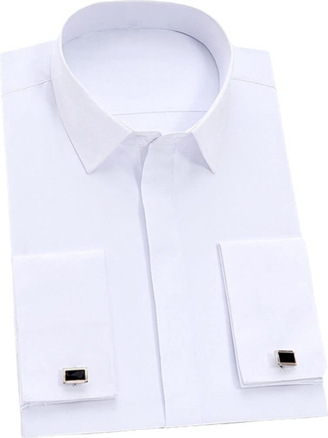Kiioouu Men's Classic Cuffs Hidden Buttons Dress Shirt Pocketless ...