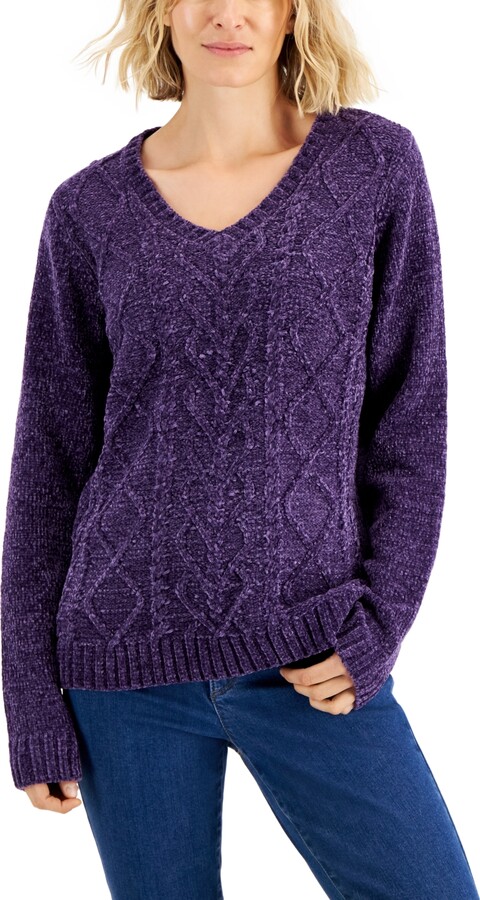 Karen Scott Petite's Chenille Cable-Knit V-Neck Sweater, Created for ...