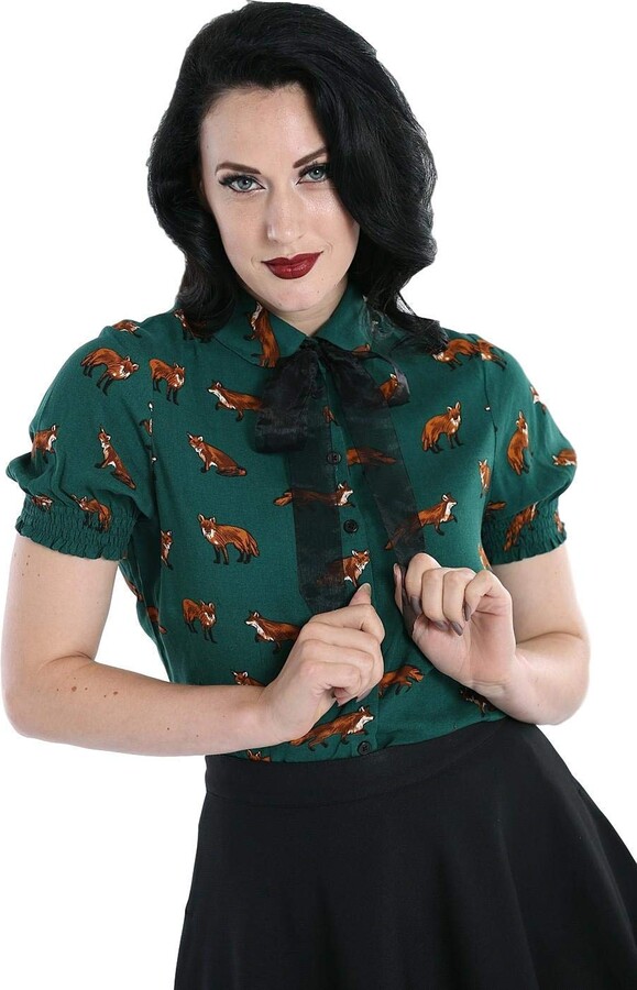 Hell Bunny Women Vixey Fox Blouse - 14 / Green - ShopStyle Tops