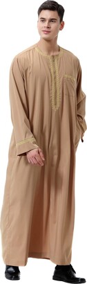 VESNIBA Muslim Prayer Clothing Men's Muslim Arab Thobe Long Sleeve Applique Crew Neck Thawb ...