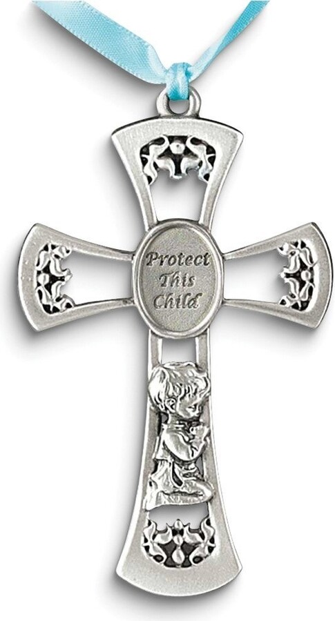 Curata Pewter Protect This Child with Praying Boy and Blue Ribbon Crib ...