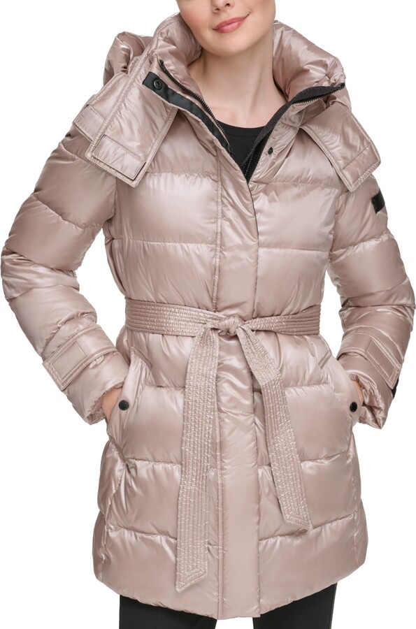 Karl Lagerfeld Paris Women's Belted Hooded Short Down Puffer Coat ...