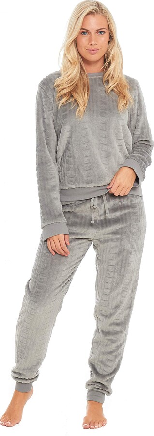 Slumber Hut® Womens Fleece Pyjamas Luxury Pajamas Grey Cable Embossed ...